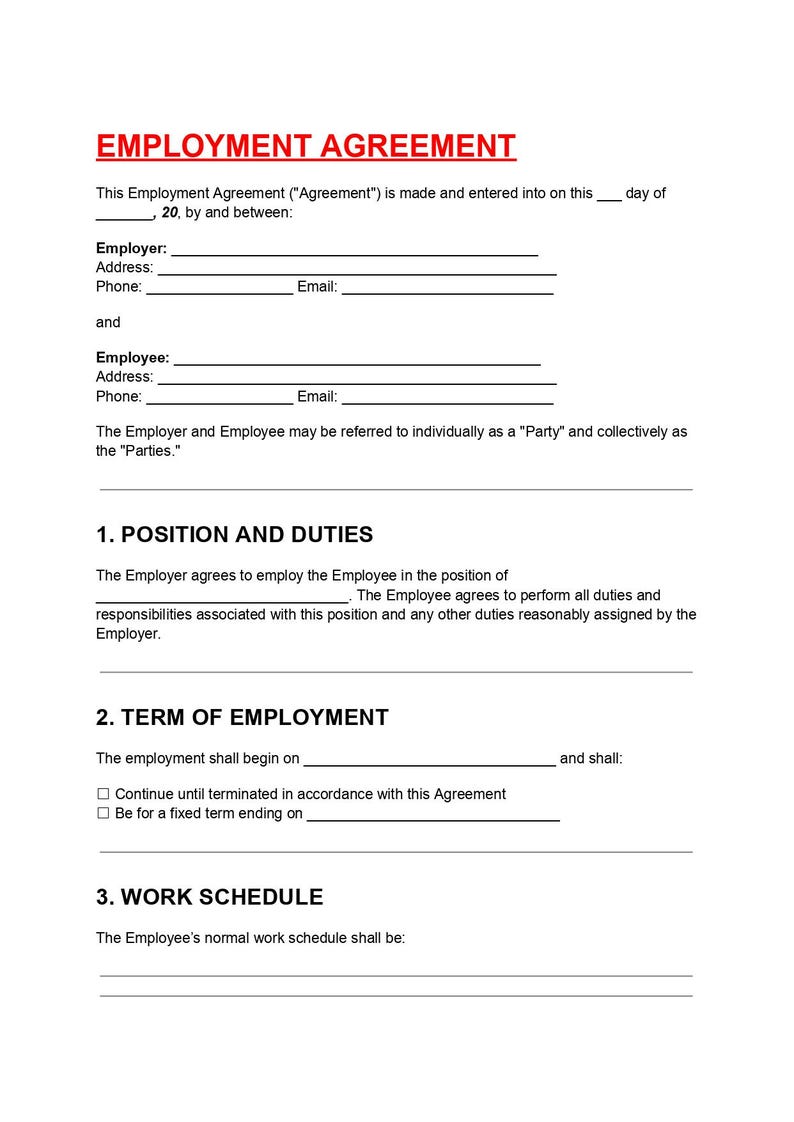 Employment Agreement Template Editable PDF & DOC | Employee Contract ...