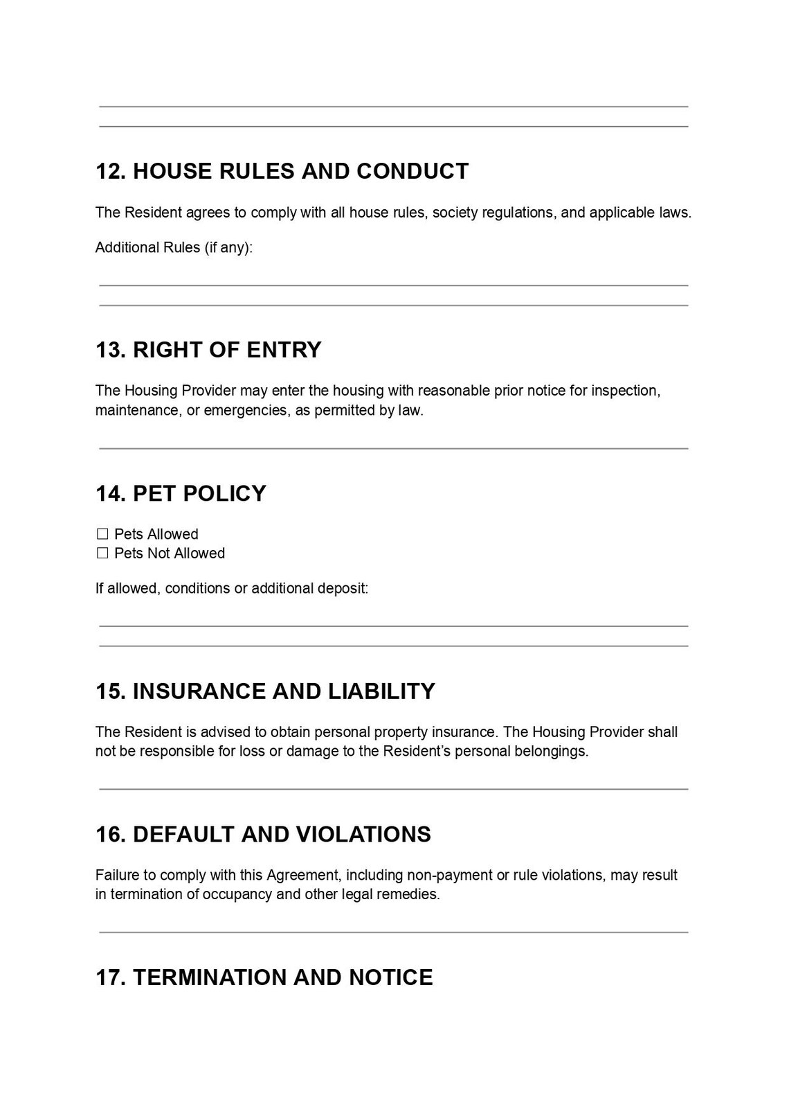 Residential Housing Agreement Template Editable PDF & DOC | Home Rental ...