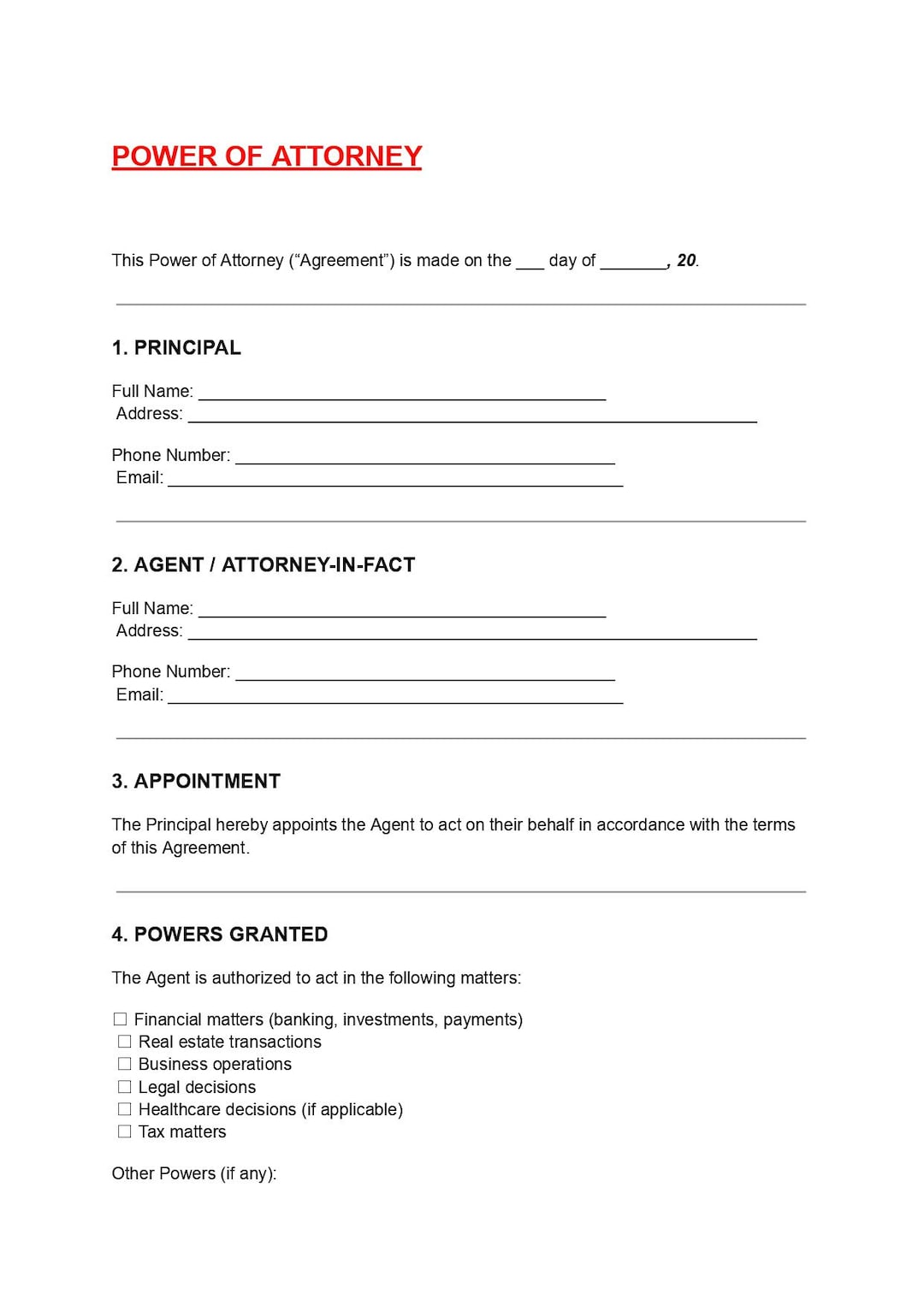 Power of Attorney Template Editable Legal Authorization Form Doc PDF ...