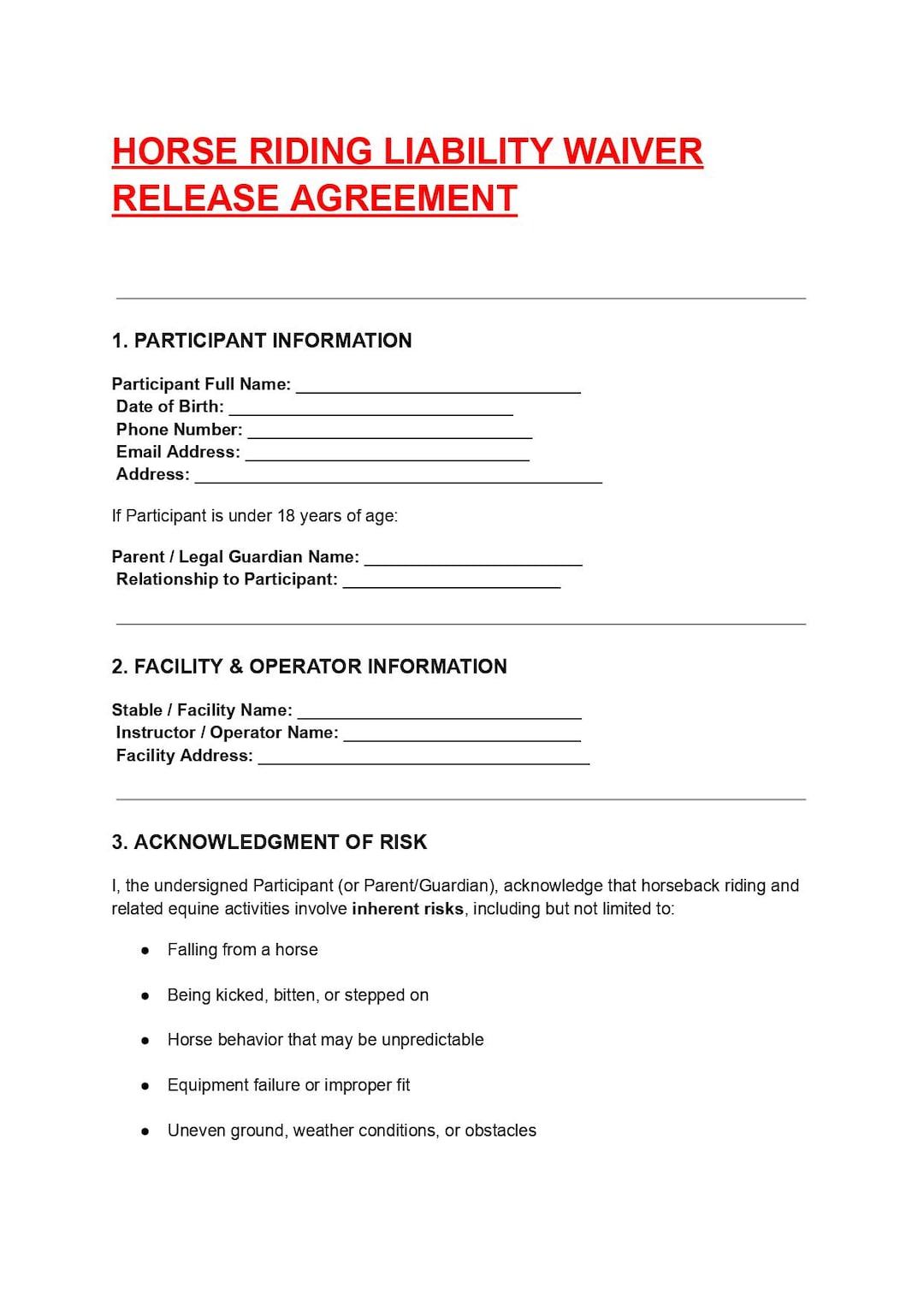 Horse Riding Liability Waiver Release Agreement | Equestrian Waiver PDF ...