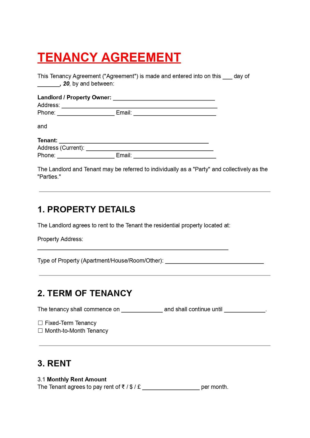 Tenancy Agreement Template Editable PDF & DOC | Rental Contract ...