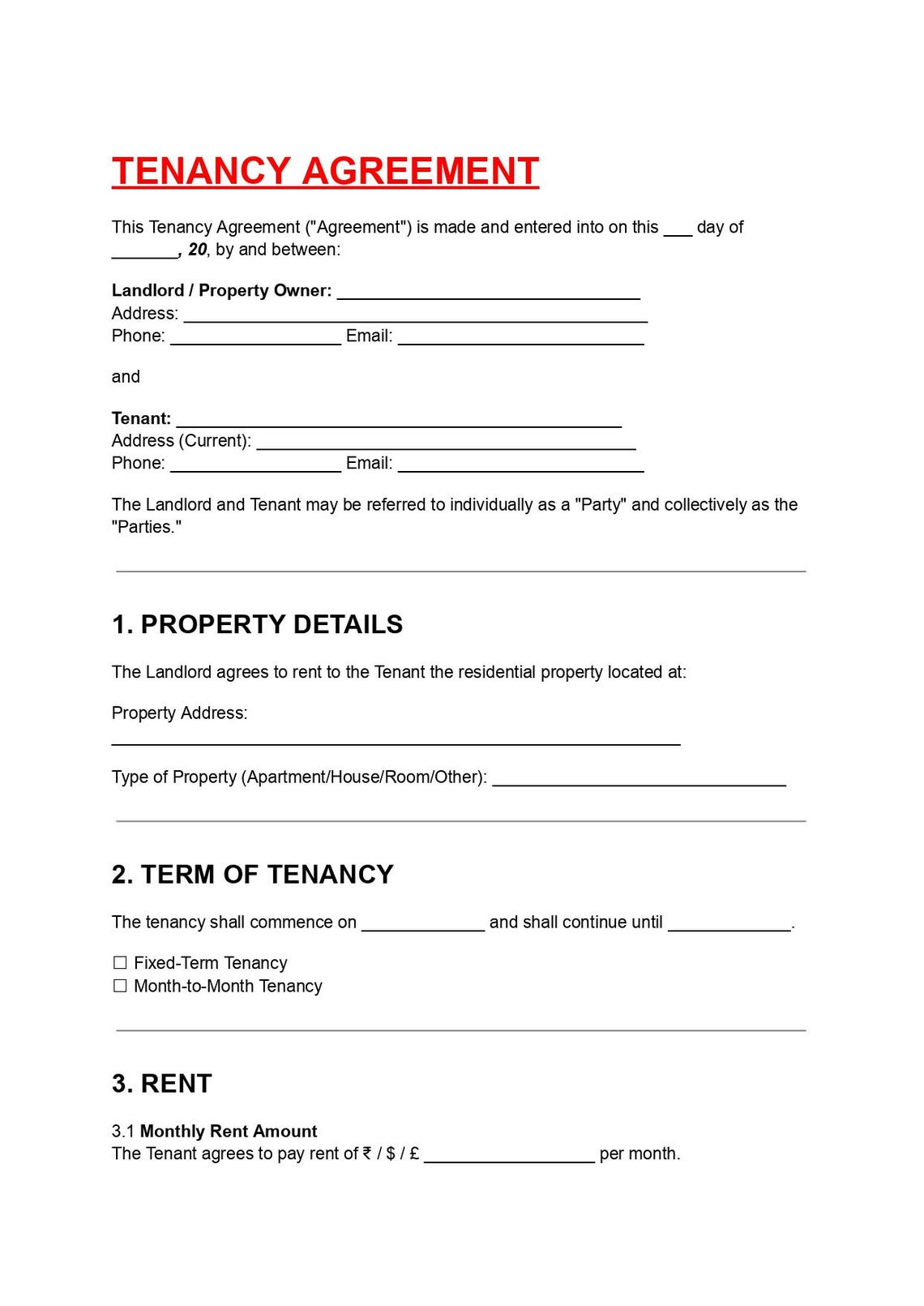 Tenancy Agreement Template Editable PDF & DOC | Rental Contract ...
