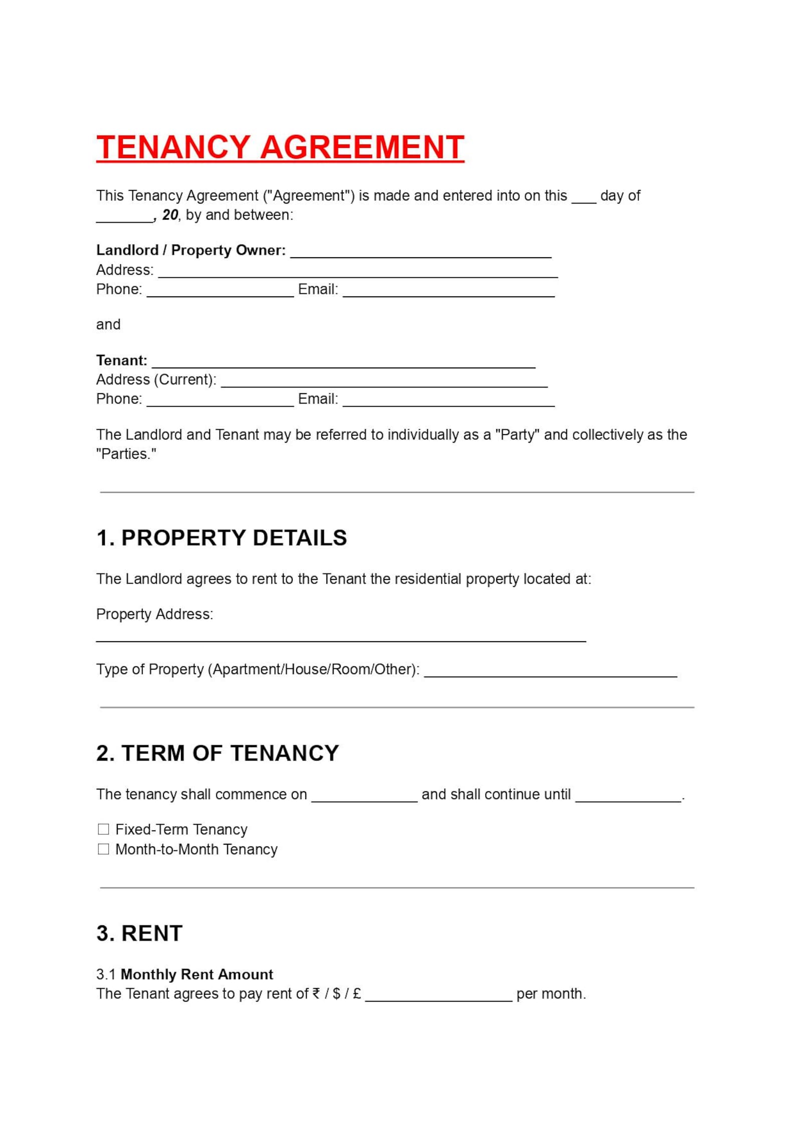 Tenancy Agreement Template Editable PDF & DOC | Rental Contract ...