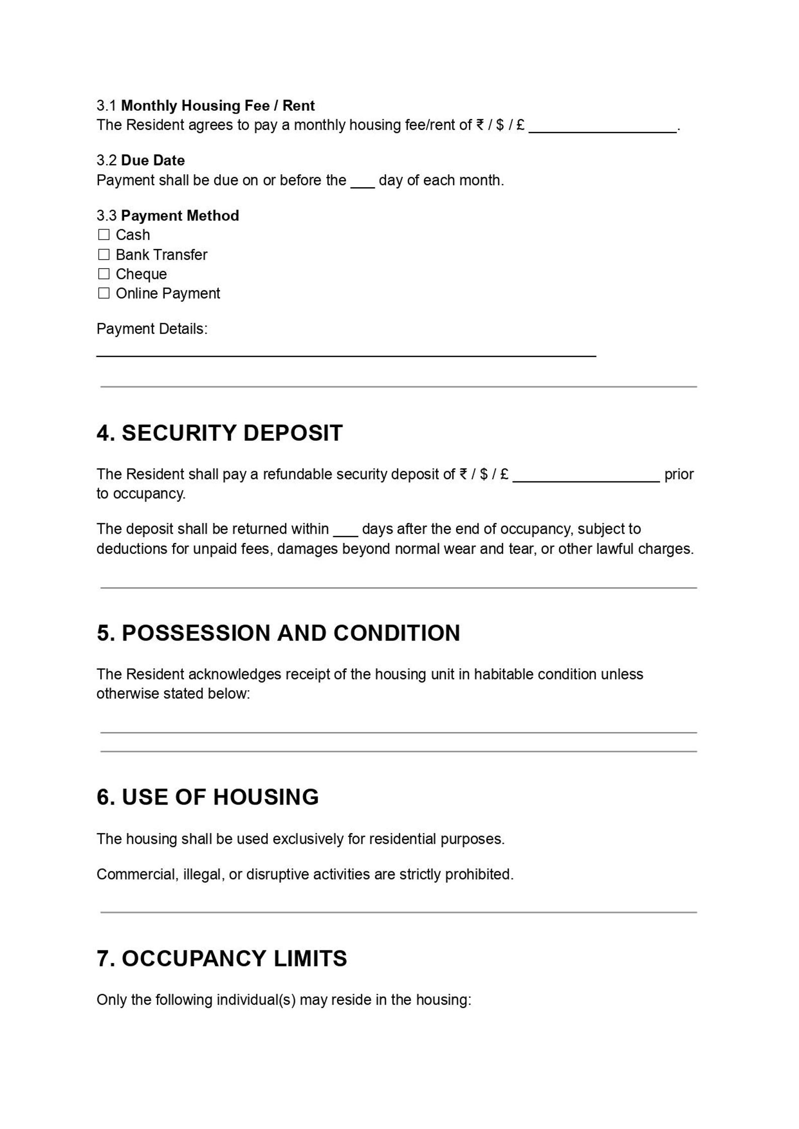 Residential Housing Agreement Template Editable PDF & DOC | Home Rental ...