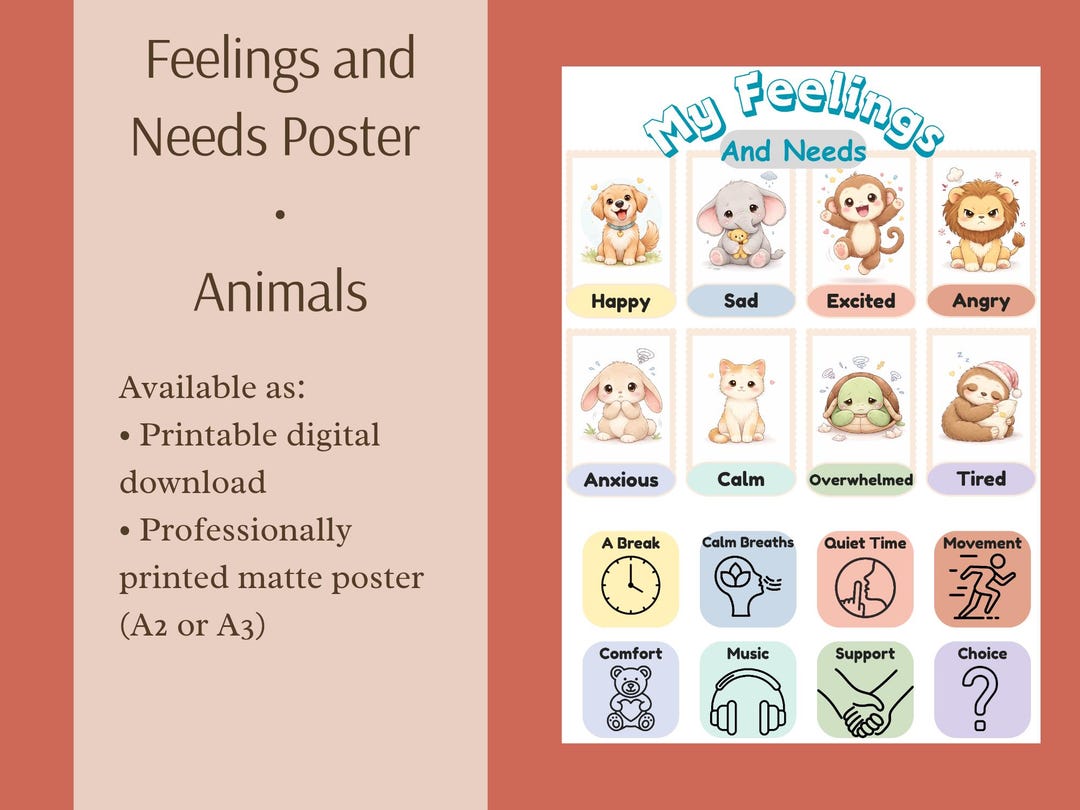 Animal Feelings & Needs Poster | Printable Kids Emotions Chart ...