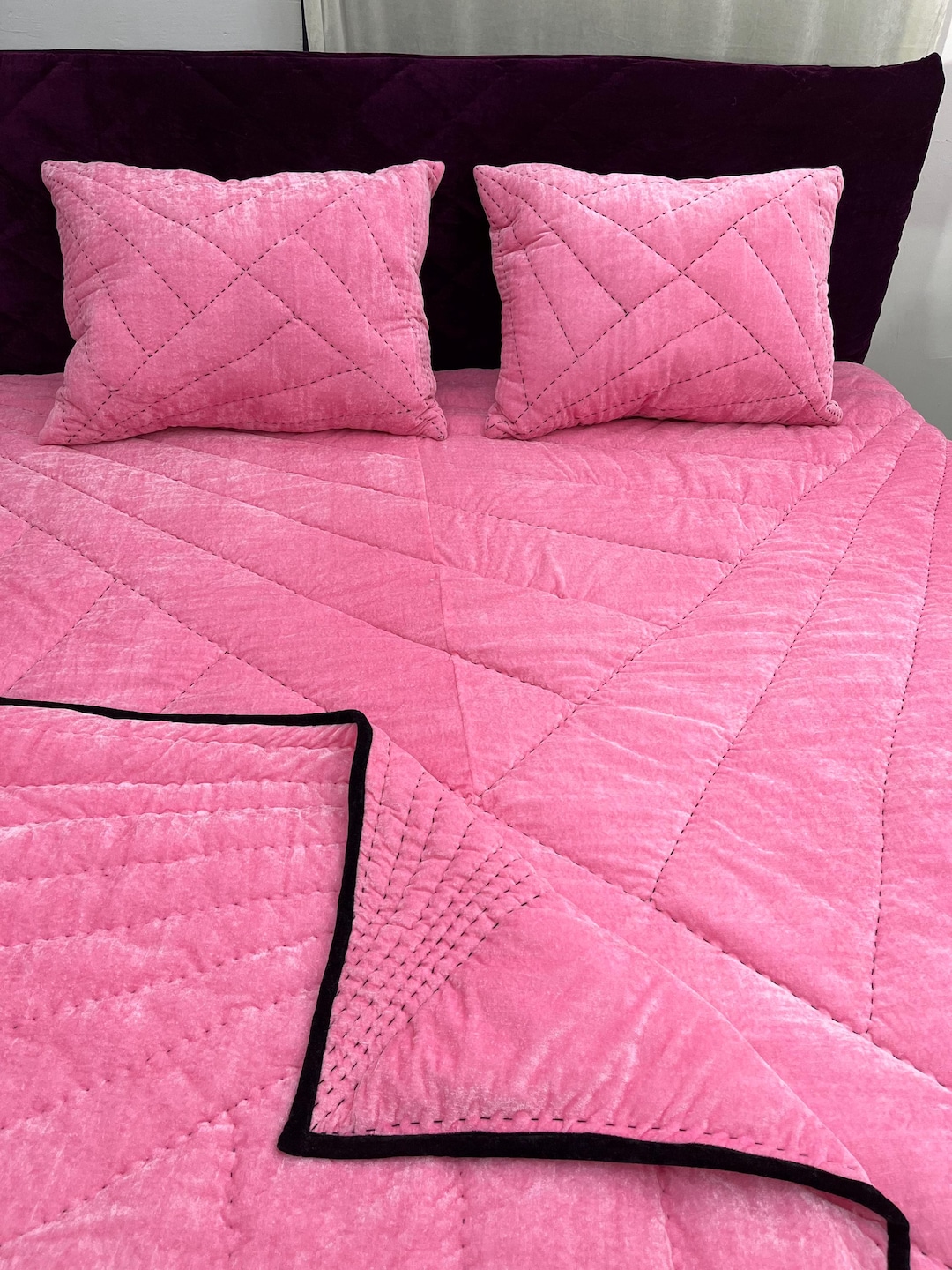 Baby Pink Velvet Quilt Set – Soft Quilted Bedspread With Matching ...