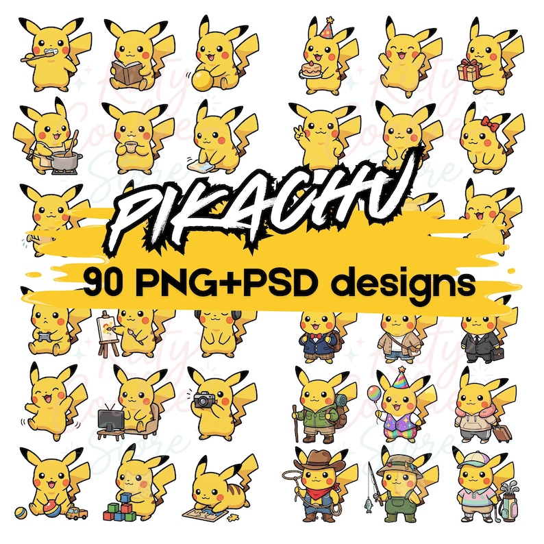 Kawaii Pikachu Illustration Bundle, Pokemon Stickers, 90 PNG + PSD ...