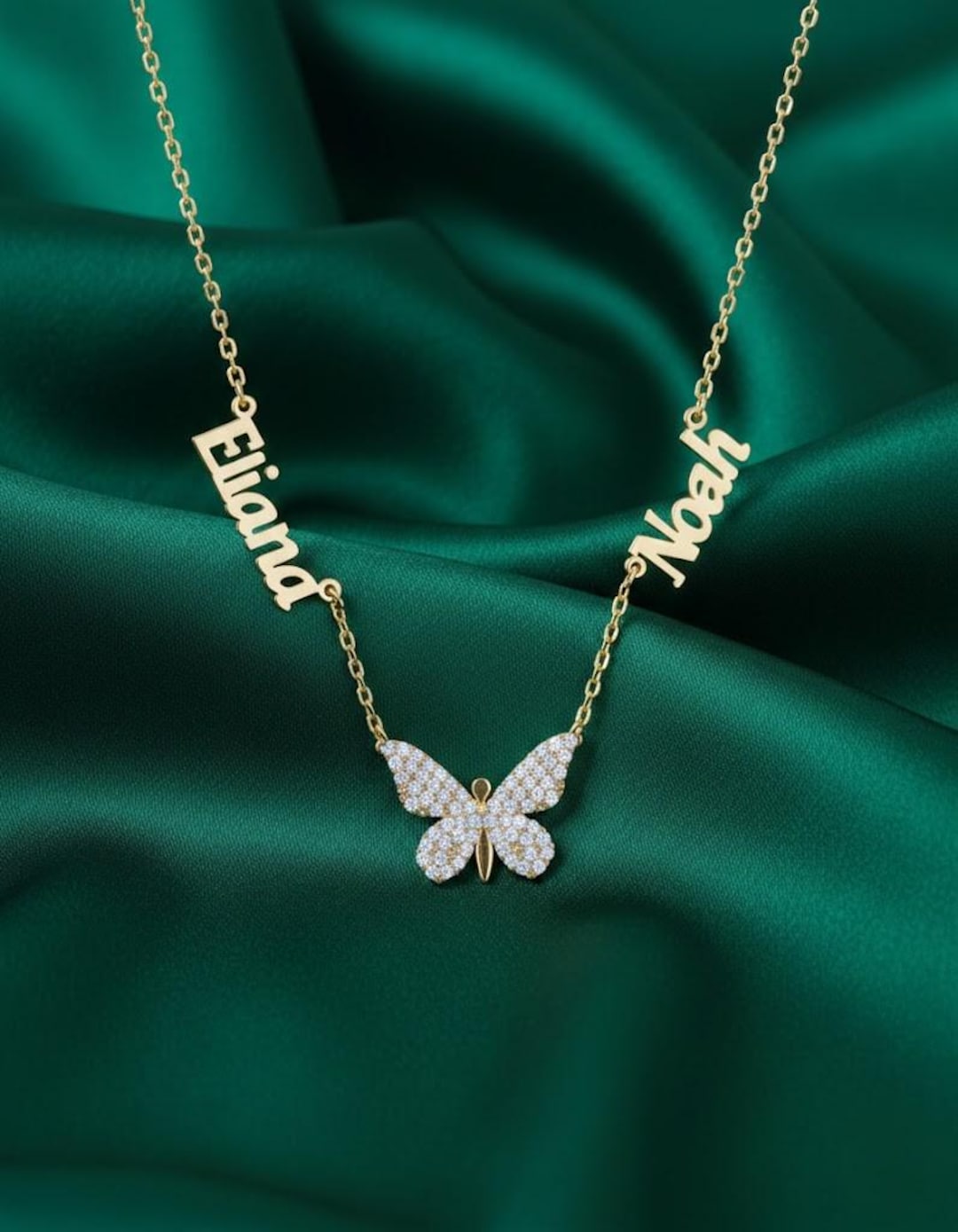 Personalized Two Name Necklace With Butterfly- Solid Gold or Silver ...