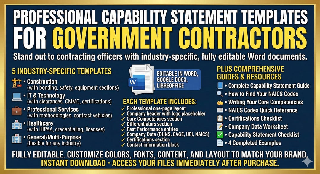 Capability Statement Template Kit Government Contractor Govcon RFP ...