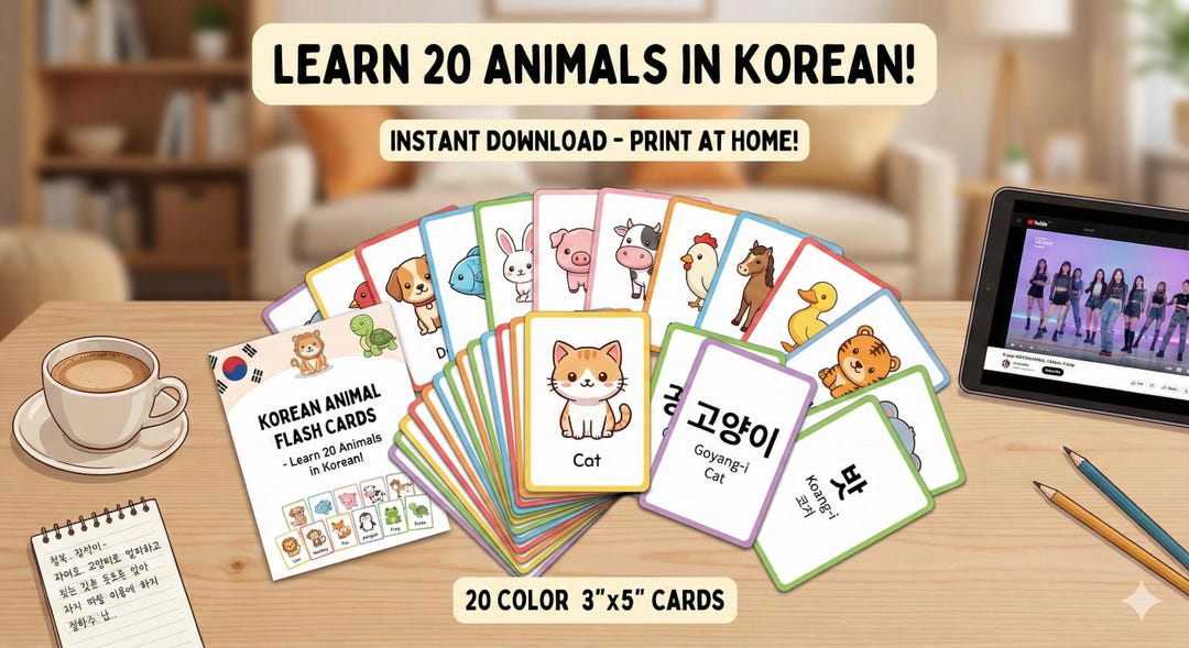 Korean Animal Flash Cards Printable PDF | 20 Animals | Learn Korean ...