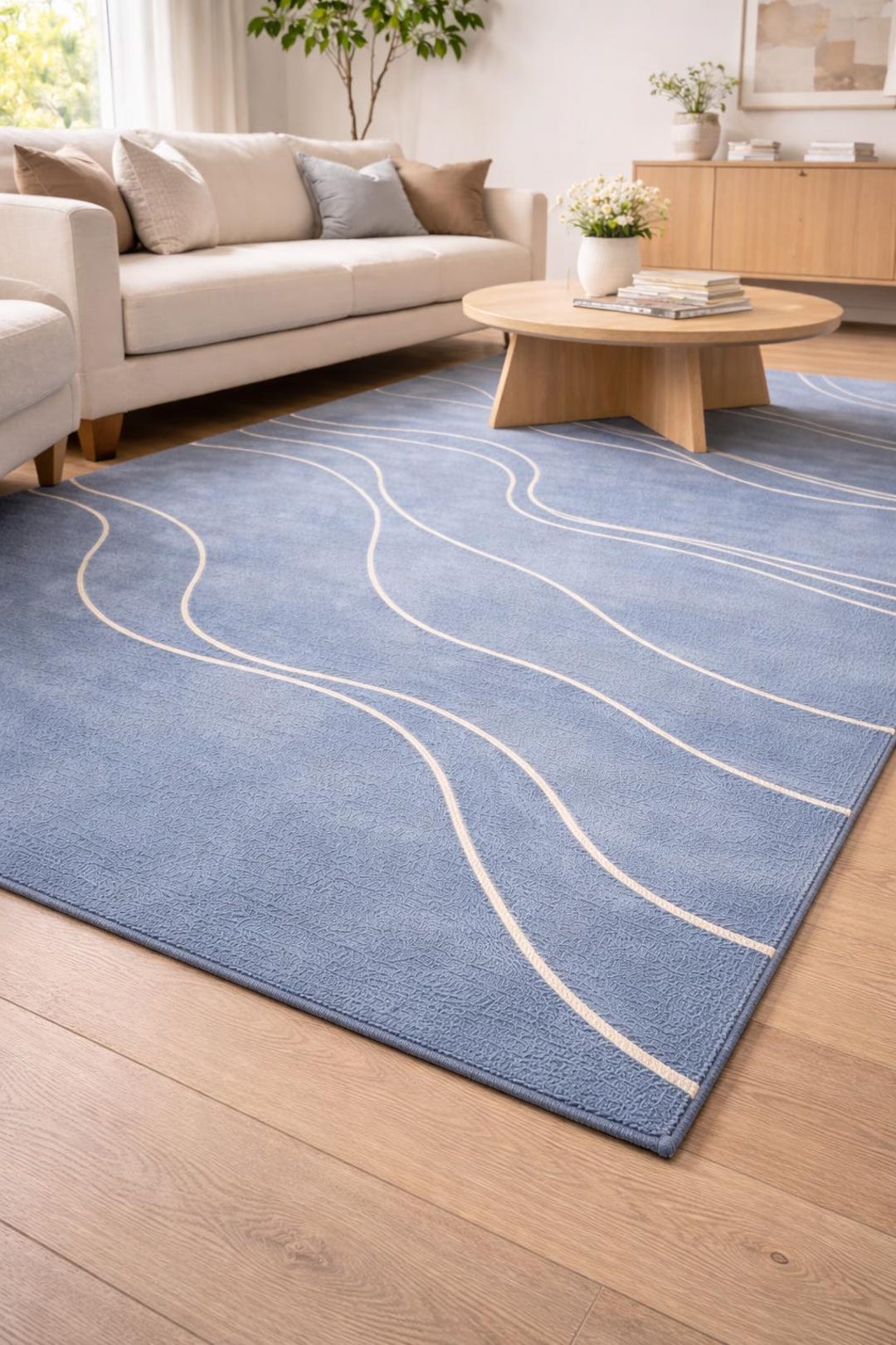 Modern Blue Abstract Line Area Rug, Minimalist Living Room Rug, Hand ...