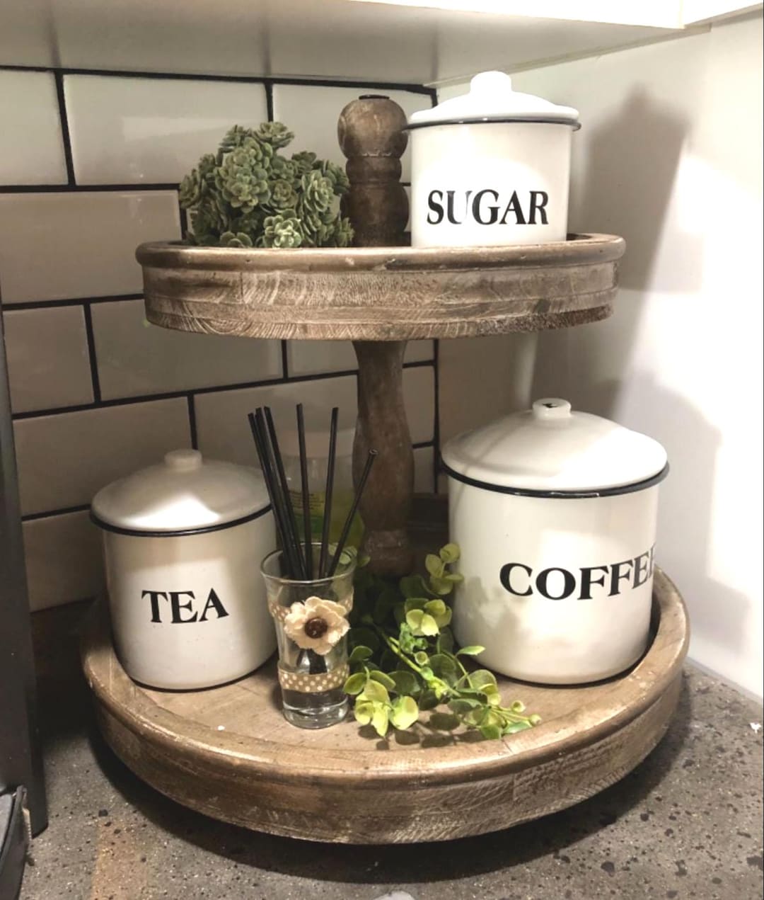 Rustic Round 2-tier Wooden Tray Stand, Farmhouse Table Centerpiece ...