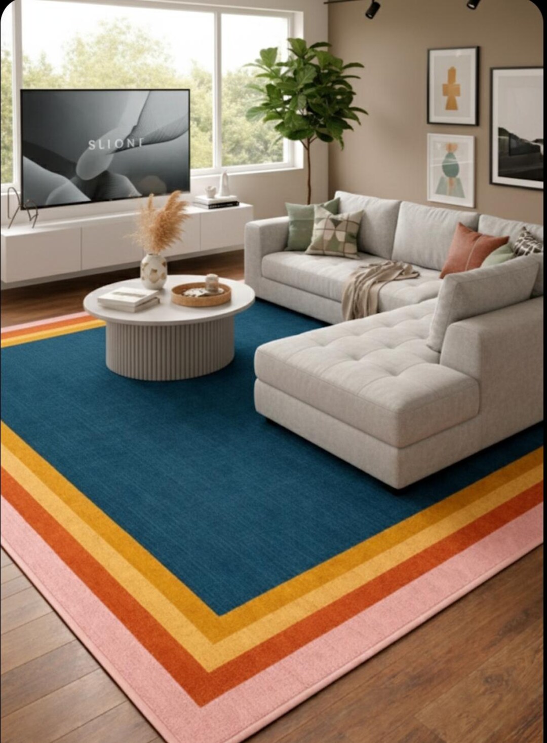 Teal Blue Rug – Modern Rainbow Border, Geometric Design. BY PLANE RUGS ...