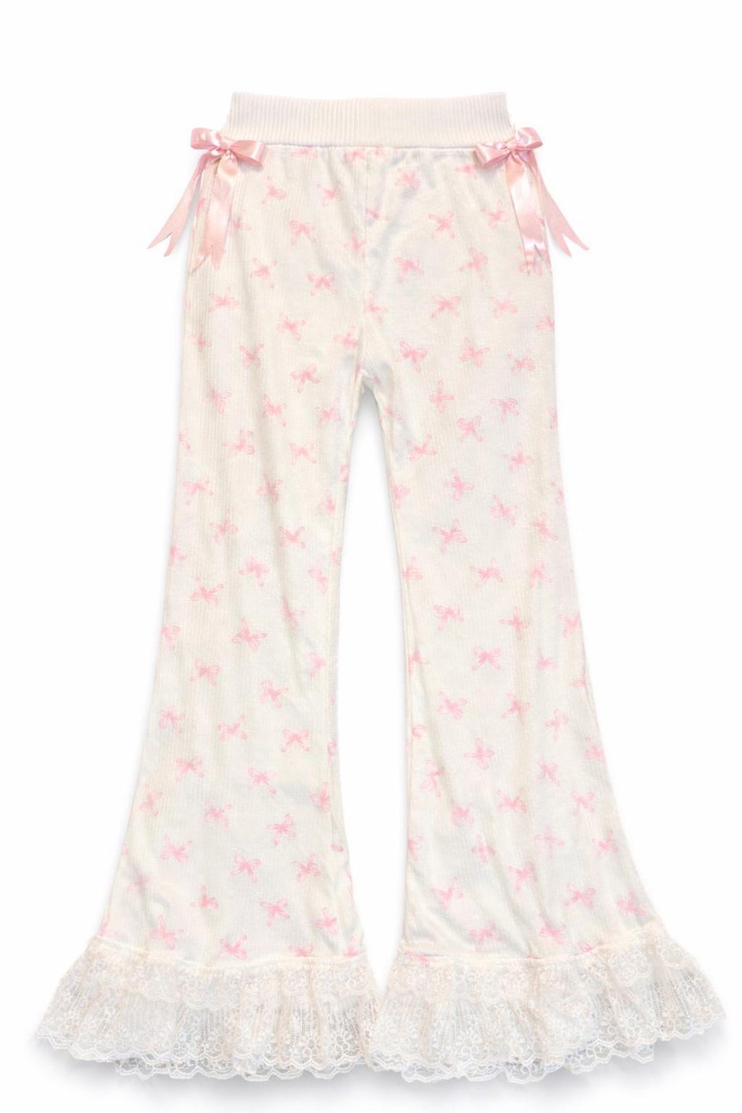 Pink Bow Bell-bottom Pajama Pants – Lace Trim Lounge Pajamas, Coquette ...