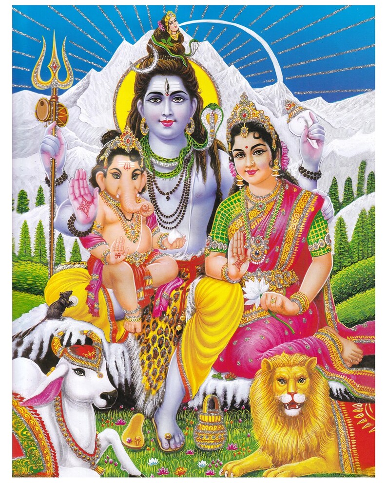 Hindu Holy Family Poster: Lord Shiva, Parvati and Ganesh at Mt. Kailash ...