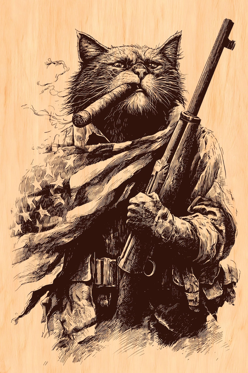 Patriotic Cat Soldier Engraving PNG, Military Animal With Rifle, USA ...
