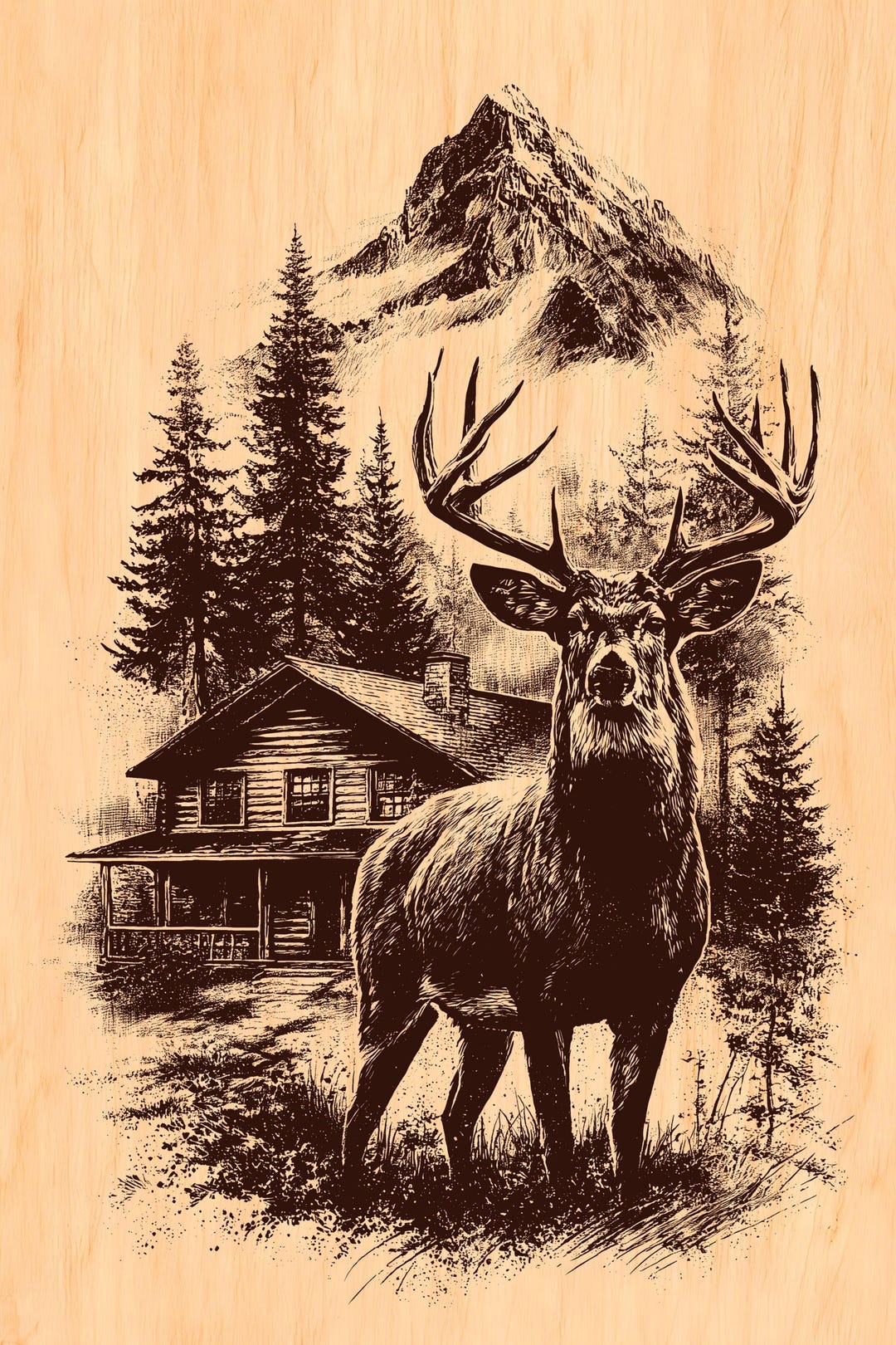 Elk Cabin Laser Engraving PNG, Mountain Lodge Wood Art, CNC Digital ...