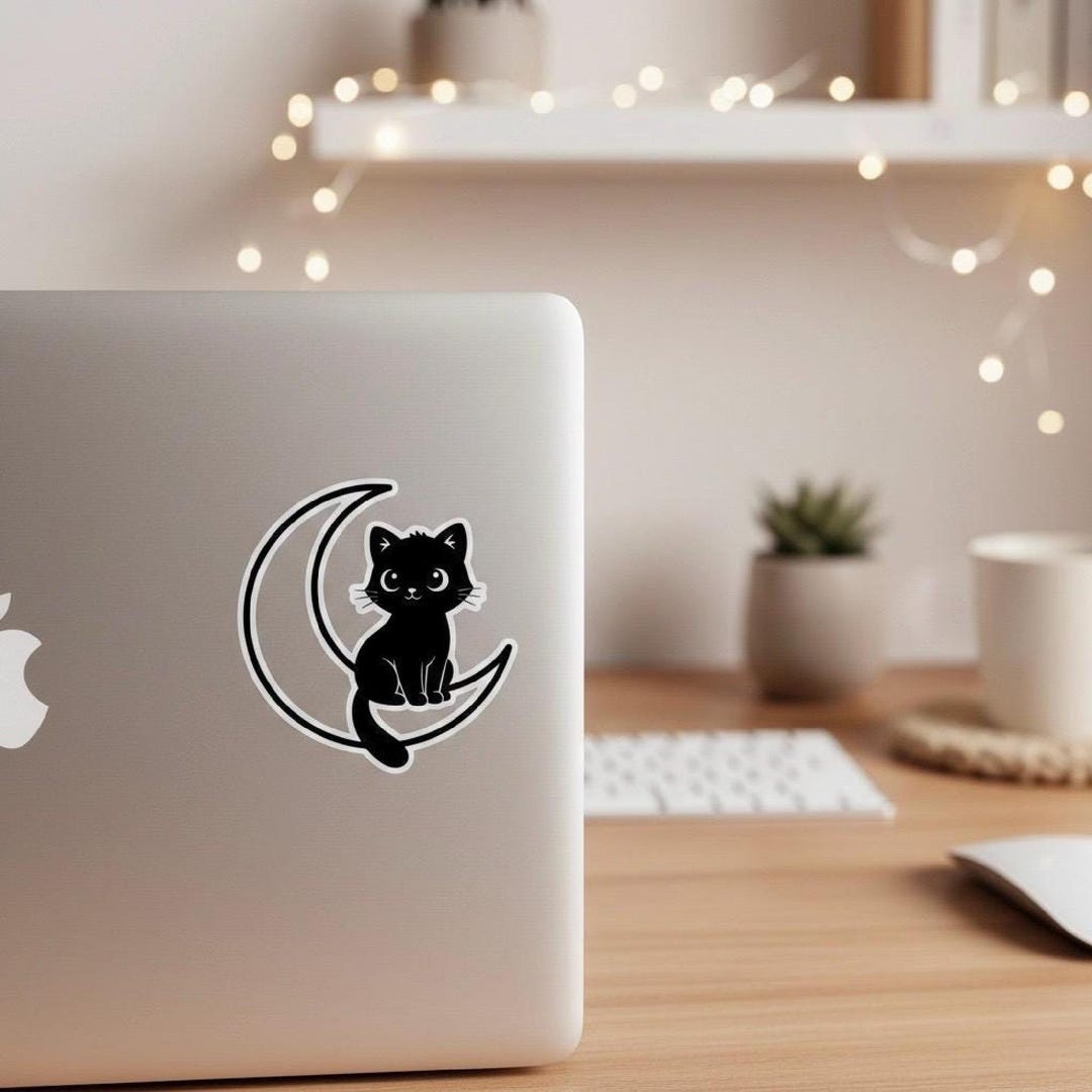 Buy Witchy Cat Sticker, Black Line Art Moon, Boho Minimal Decal Online ...