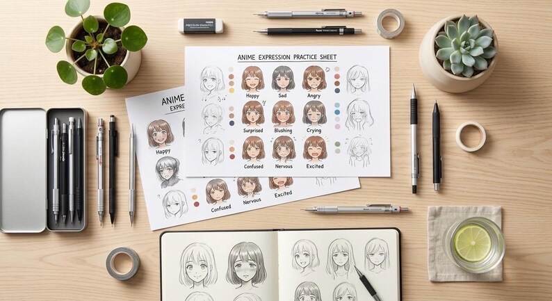 Anime Expression Practice Sheets – Manga Face Reference Guide ...