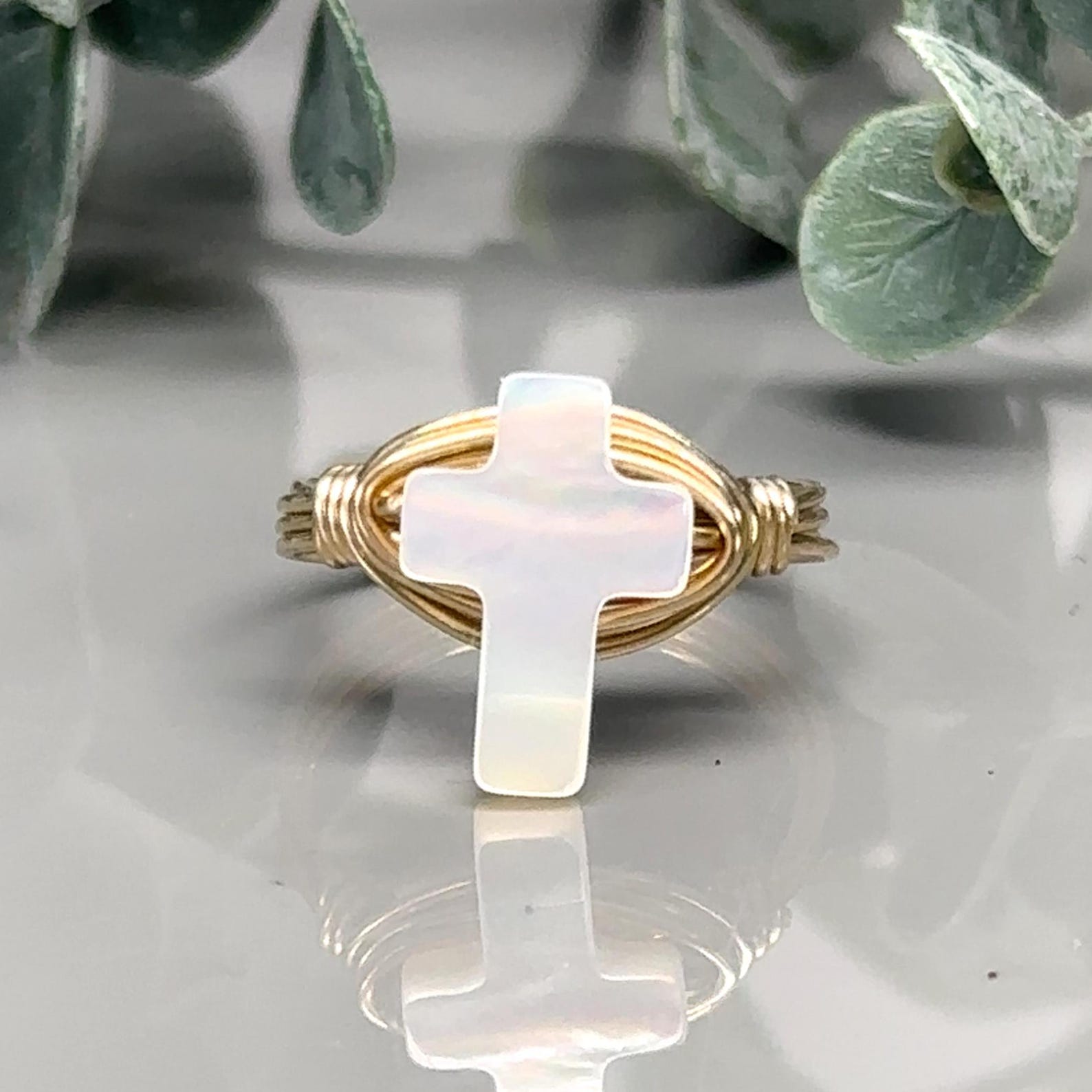 Mother of Pearl Cross Ring: Sterling Silver or Gold Filled Wire Wrapped ...