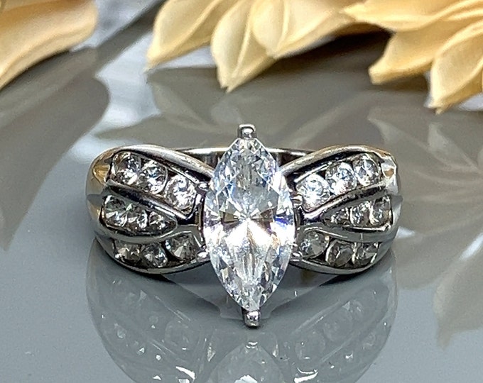 2 Ct Marquise and Round Channel Set CZ Sterling Silver Engagement Ring ...