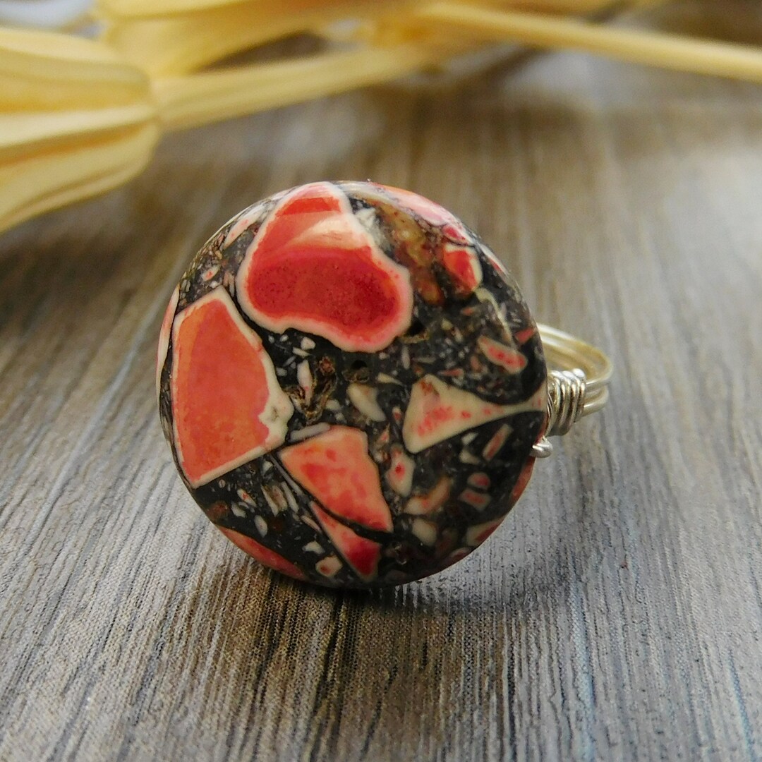 Red Mosaic Magnesite Gemstone Ring- Sterling Silver, Yellow or Rose ...