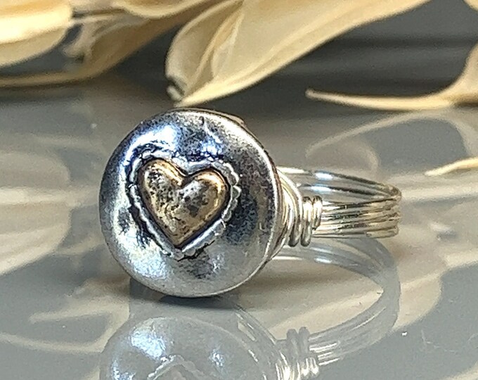 Two Tone Heart Ring- Sterling Silver, Gold Filled Wire, Alloy Bead ...
