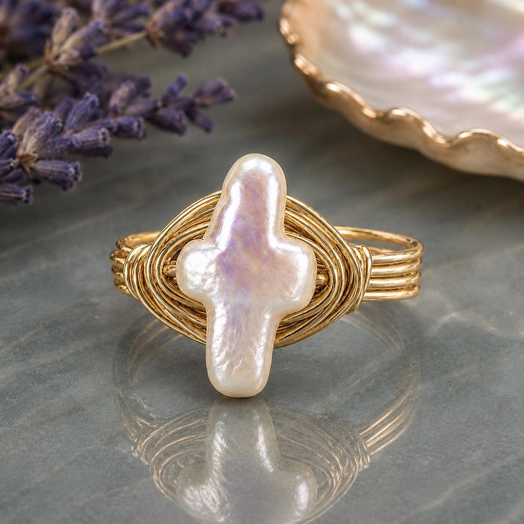 White Pearl Cross Ring: Sterling Silver or Gold Filled Wire Wrapped ...
