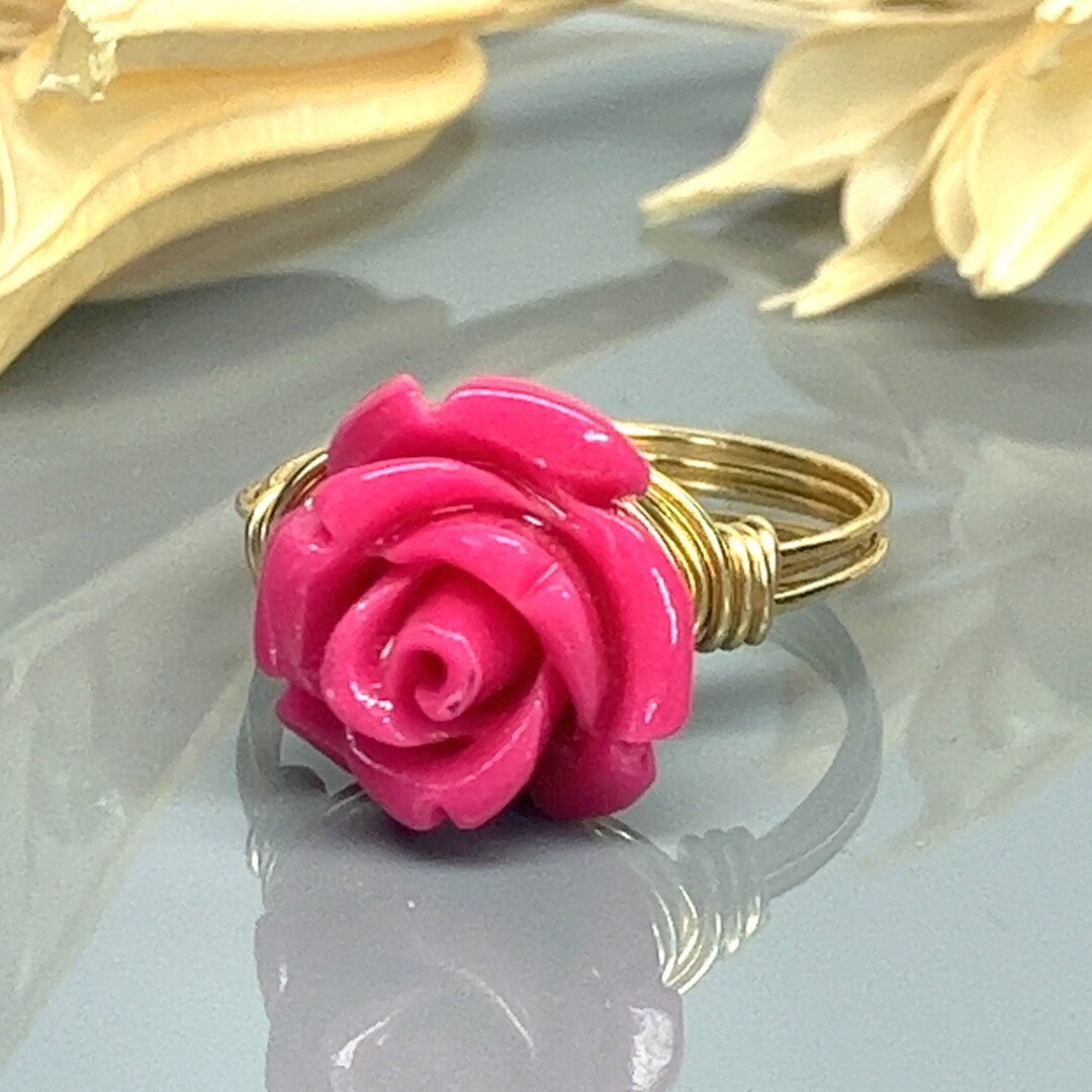 Hot Pink Rose Ring sterling Silver 14k Yellow or Rose Gold - Etsy