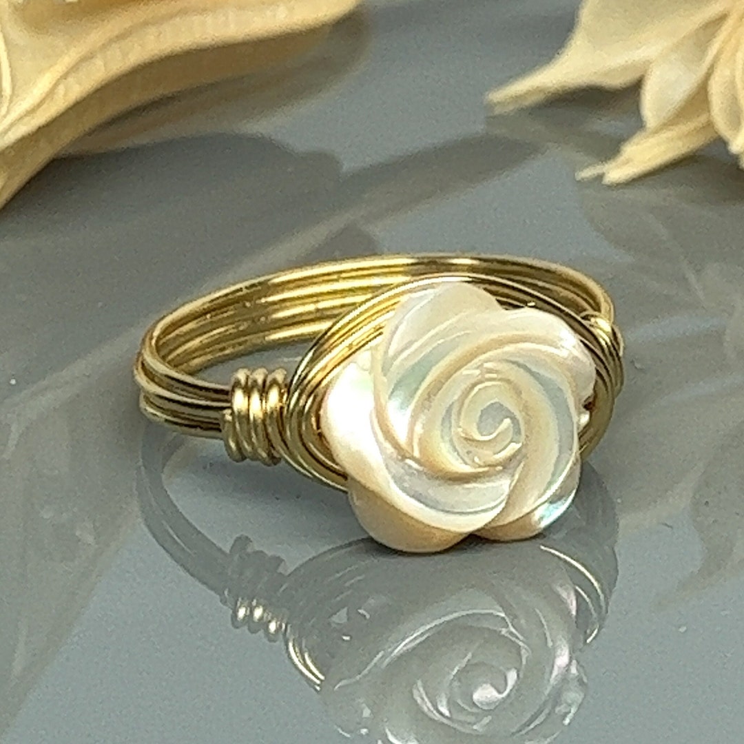 Cream Mother of Pearl Rose Ring: Wire Wrapped- Sterling Silver or Gold ...