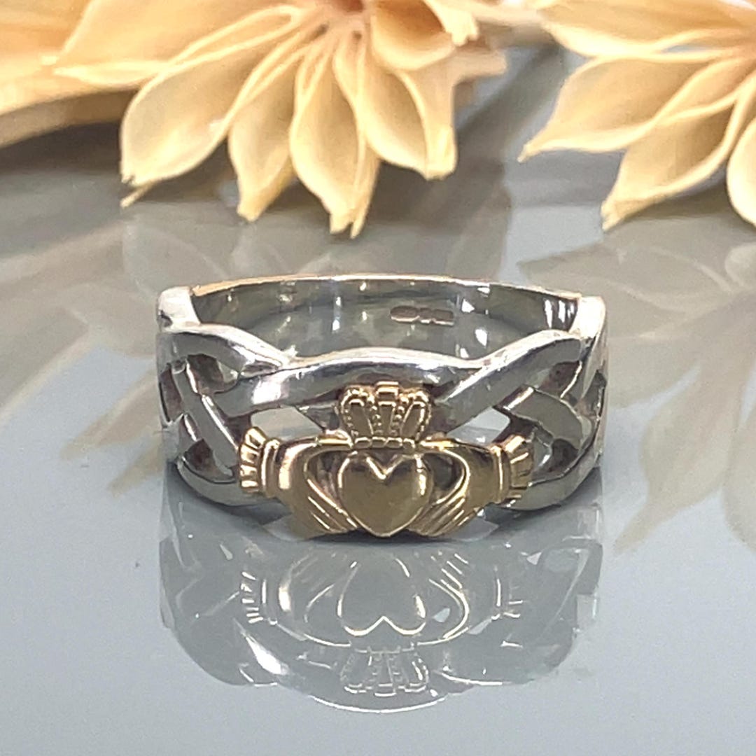 Two Tone Claddagh Sterling Silver and Yellow Gold Plated Wedding Band ...