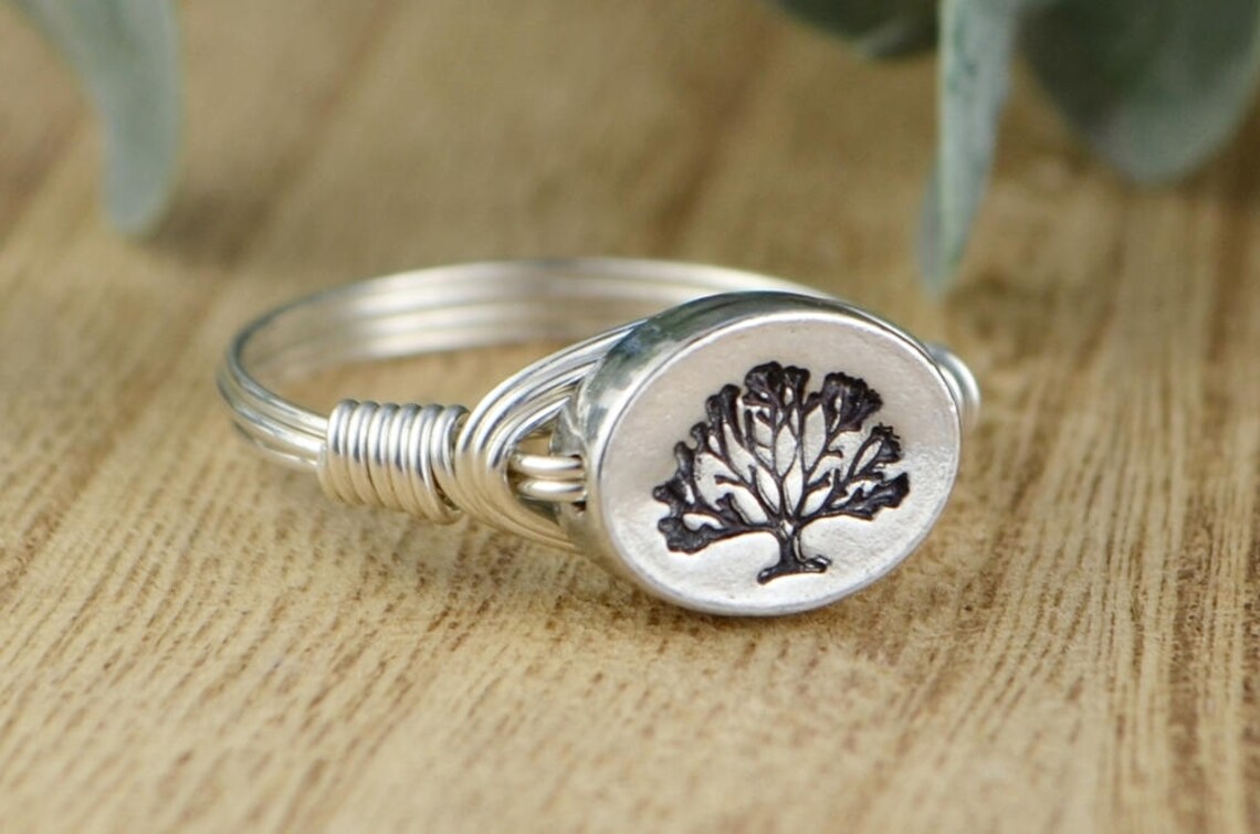 Tree of Life Ring: Oval Pewter Bead, Sterling Silver or Gold Filled ...