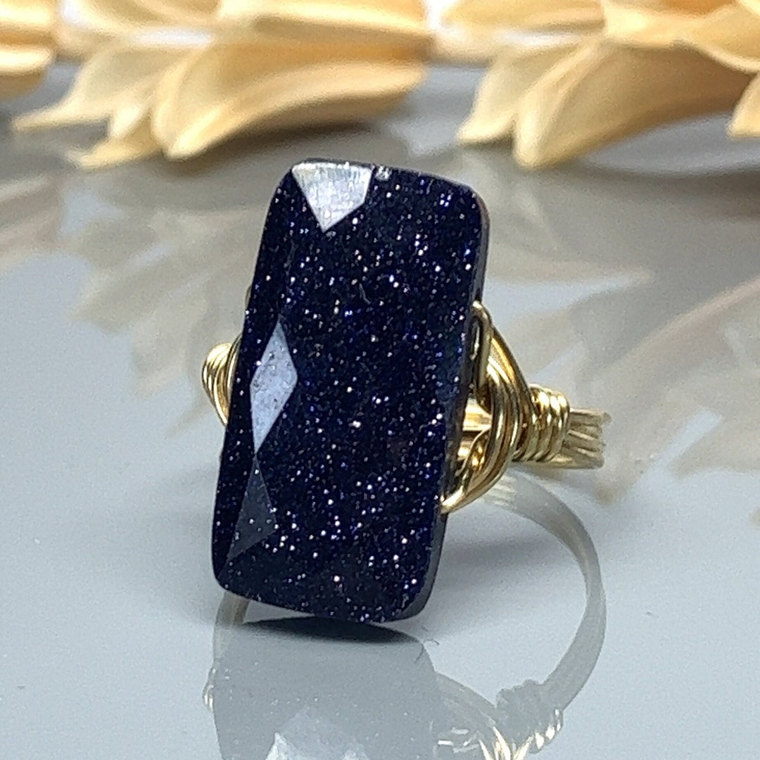 Faceted Goldstone Ring - Blue/purple Rectangle Gemstone - Sterling ...