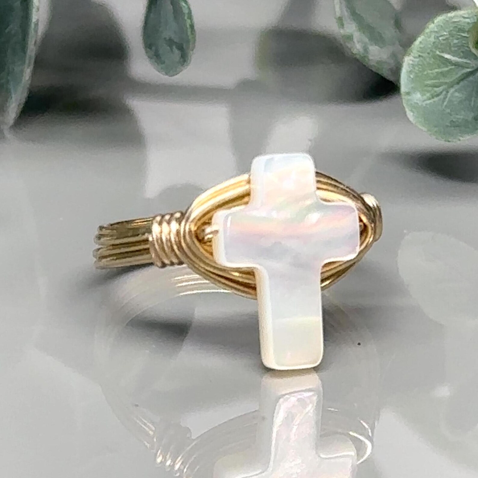 Mother of Pearl Cross Ring: Sterling Silver or Gold Filled Wire Wrapped ...