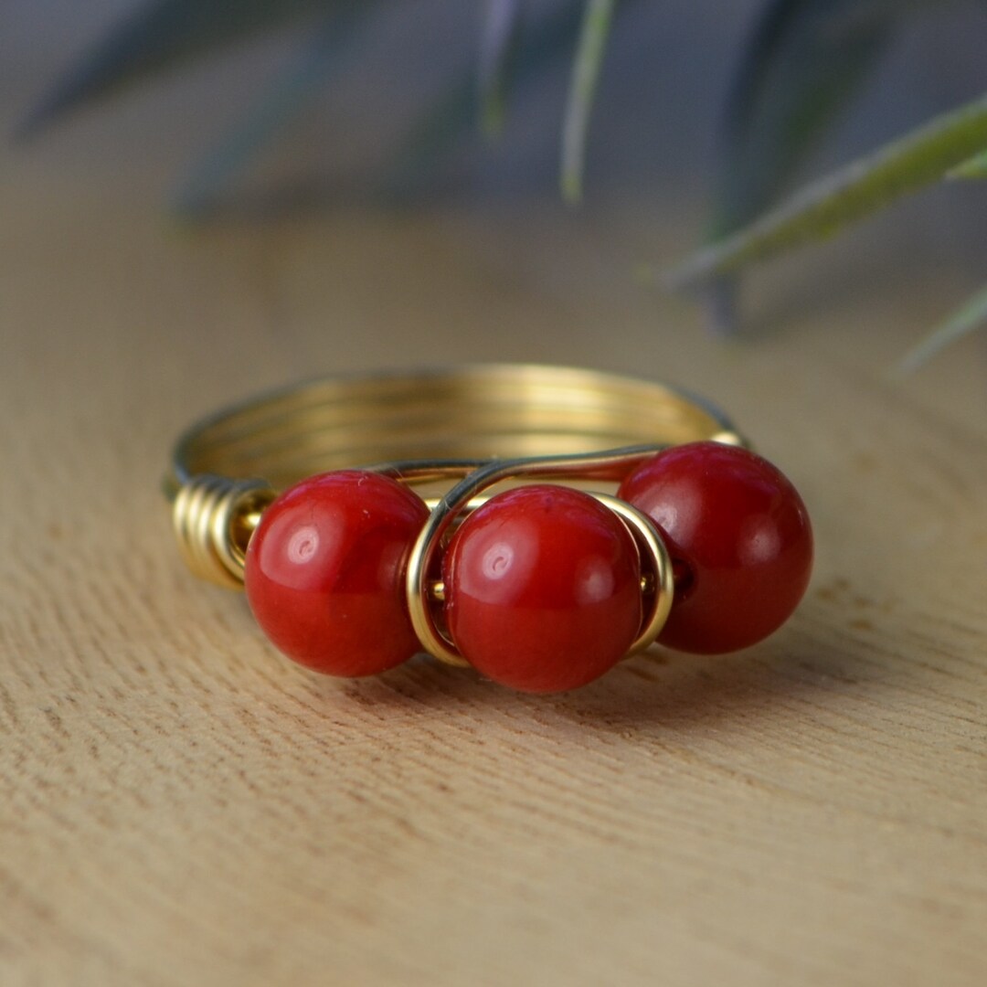 Red Coral Ring- Sterling Silver, Yellow, or Rose Gold Filled Wire Wrap ...
