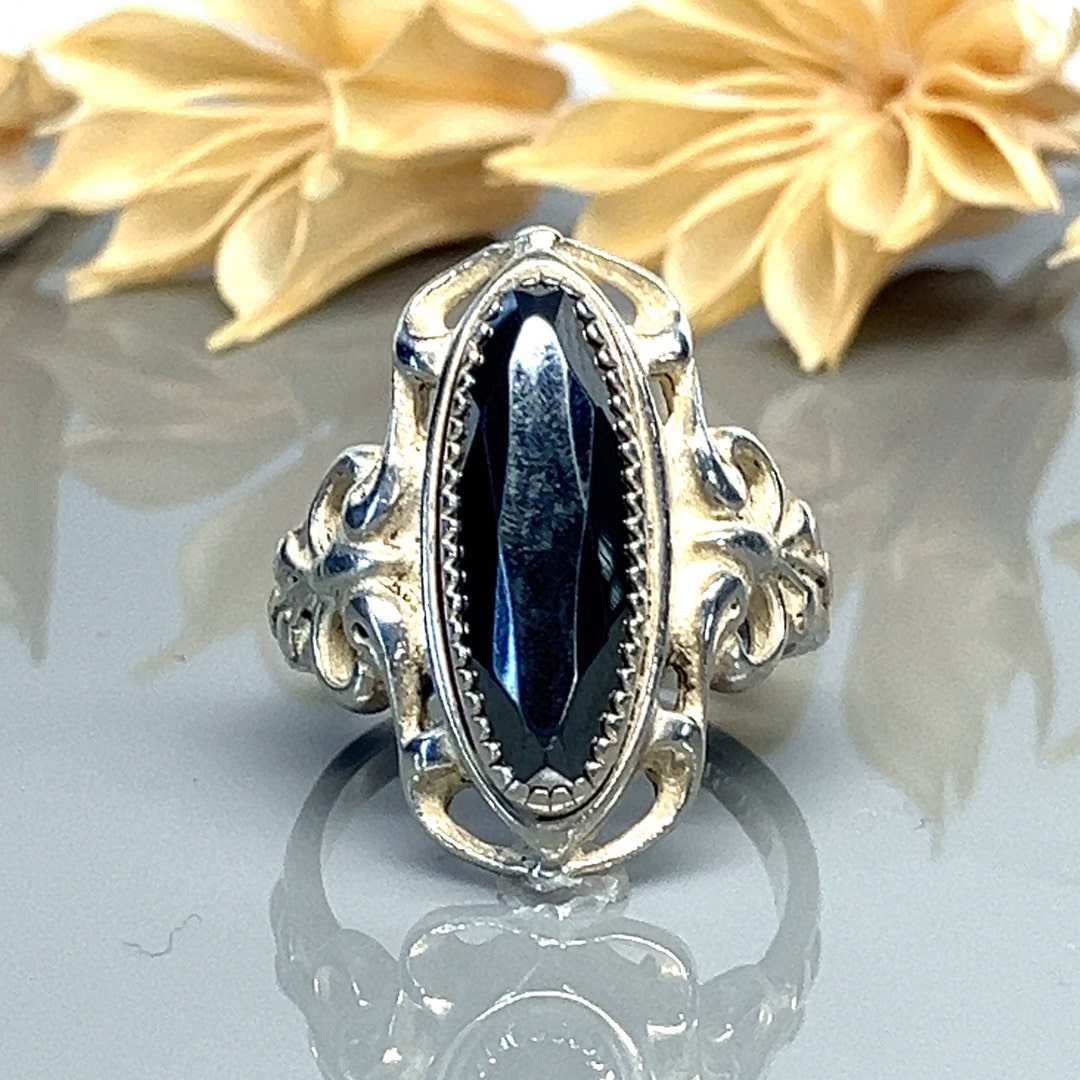 Vintage Wheeler Hematite Gemstone Sterling Silver Ring Elongated ...