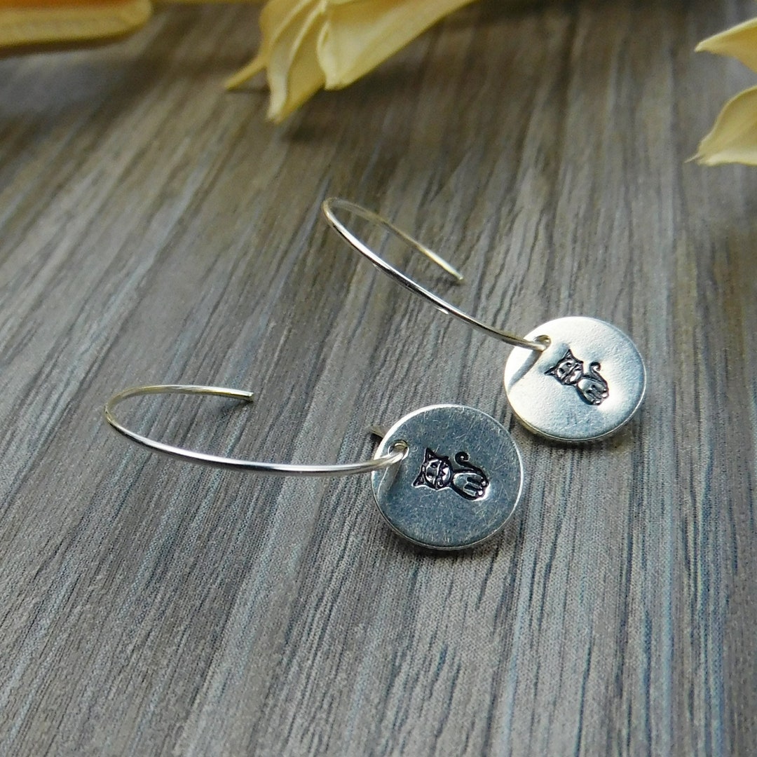 Interchangeable Tiny Cat Round Disc Hand-stamped Dangle Earrings ...
