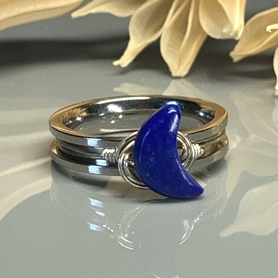 Lapis Lazuli Crescent Moon Fidget Spinner Ring With Stainless Steel ... Lapis Lazuli Crescent Moon Fidget Spinner Ring With Stainless Steel ...
