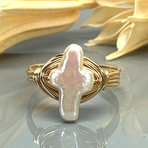 White Pearl Cross Ring: Wire Wrapped, Sterling Silver or Gold Filled ...
