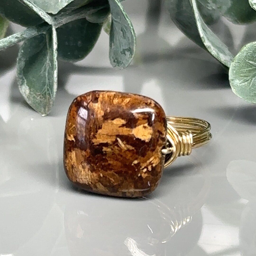 Bronzite Ring- Square Bronzite Gemstone and Sterling Silver, 14k Yellow ...