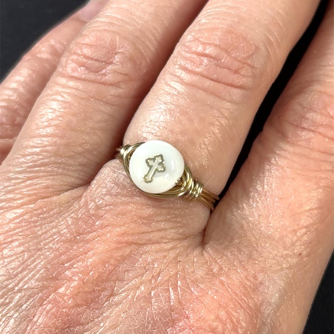 Mother of Pearl Cross Ring - Round White Shell and Sterling Silver ...