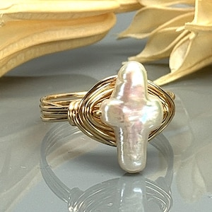 White Pearl Cross Ring: Wire Wrapped, Sterling Silver or Gold Filled ...