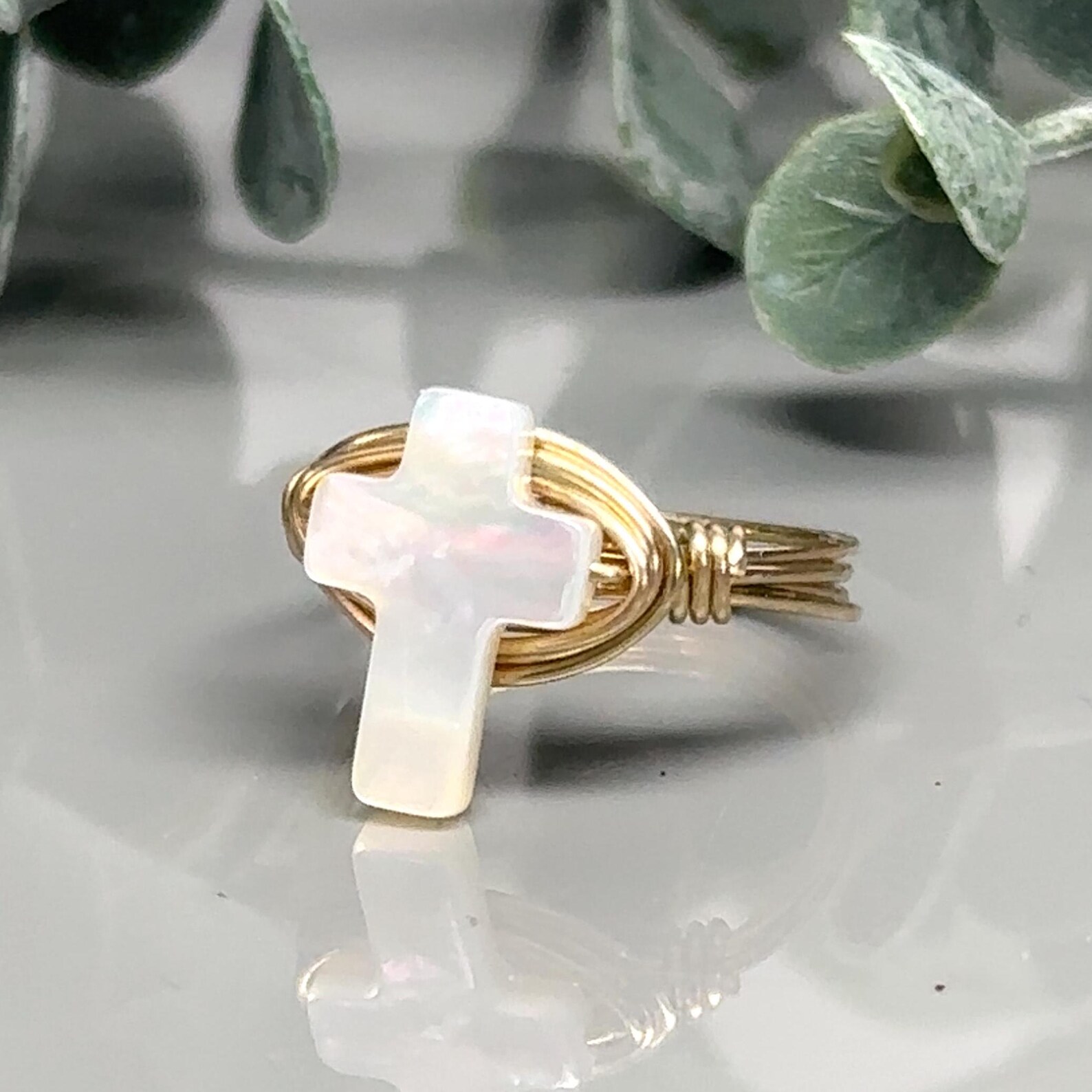 Mother of Pearl Cross Ring: Sterling Silver or Gold Filled Wire Wrapped ...