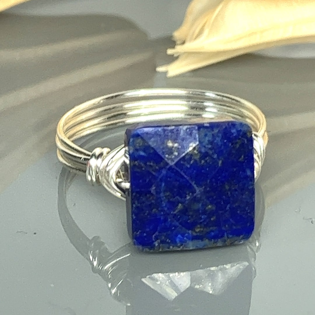 Handcrafted Lapis Lazuli Faceted Square Gemstone Ring - Sterling Silver, Yellow or Rose Gold ...