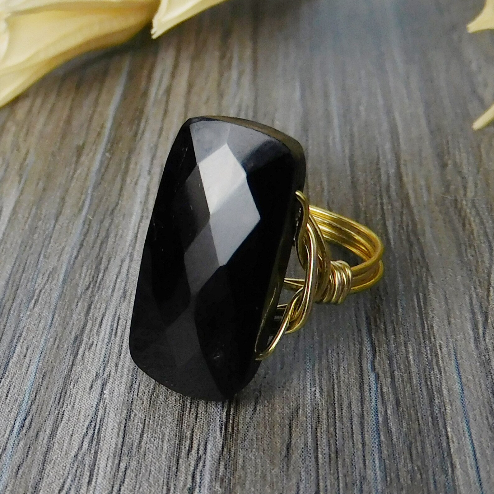 Faceted Black Onyx Statement Ring-sterling Silver 14k Yellow - Etsy