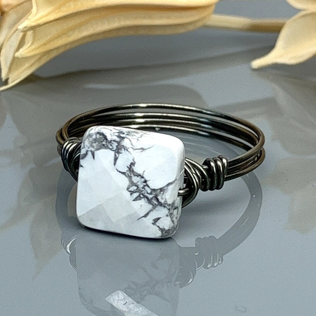 White Grey Howlite Faceted Square Gemstone Wrapped Ring-sterling Silver ...