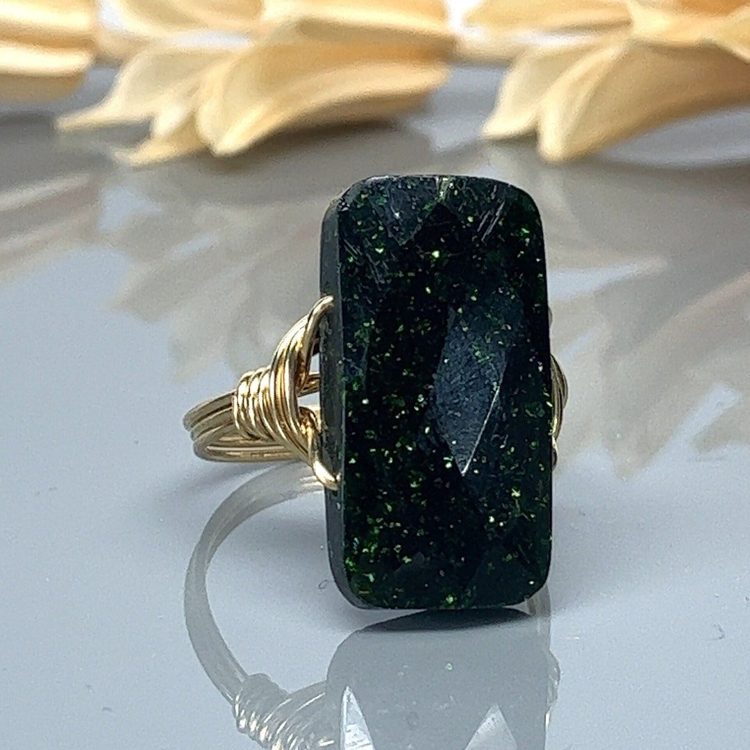 Green Goldstone Ring: Faceted Rectangle, Wire Wrapped- Sterling Silver ...