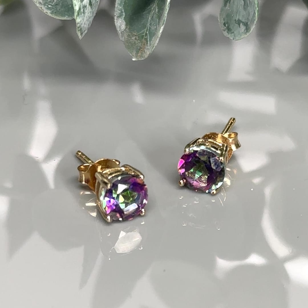 Vintage Mystic Topaz Stud Earrings: Yellow Gold Plated Sterling Silver ...