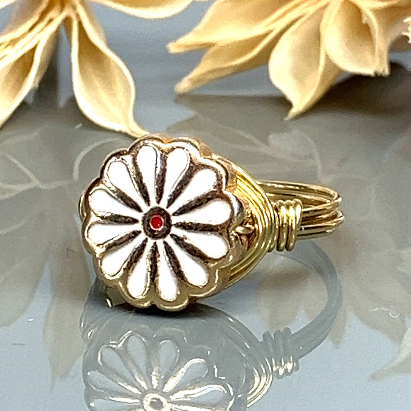 White Enamel Daisy Ring: Wire Wrapped- Sterling Silver or Gold Filled ...