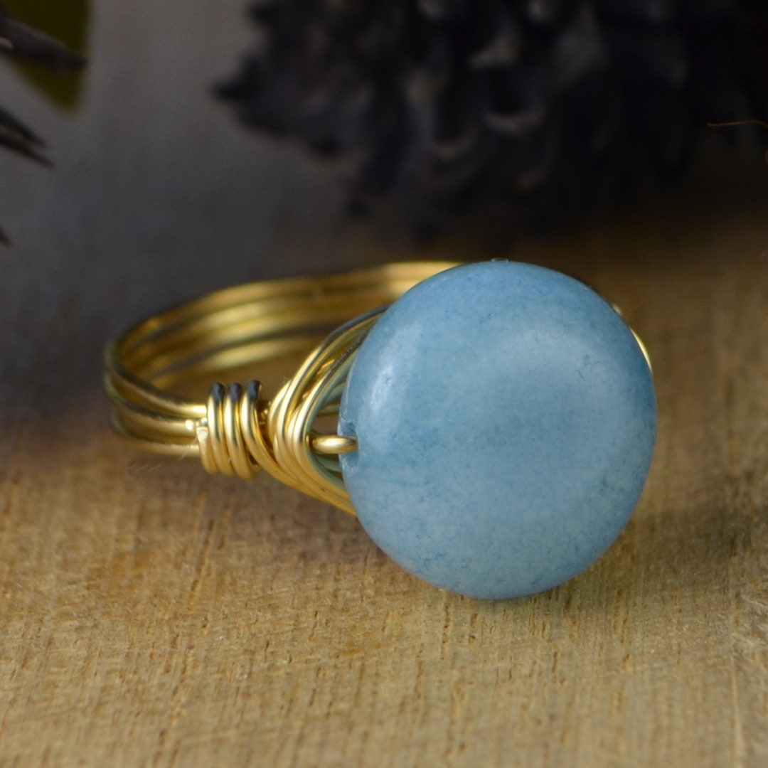 Round Blue Jade Gemstone Ring - Wire Wrapped in Sterling Silver, Yellow ...